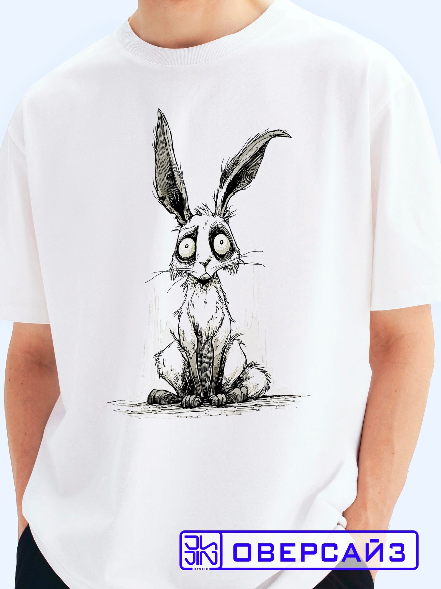 Футболка оверсайз мужская с принтом Оригинальный черно-белый винтажный принт с кроликом в необычном стиле, белый хлопковый трикотаж с прикольным рисунком на груди
