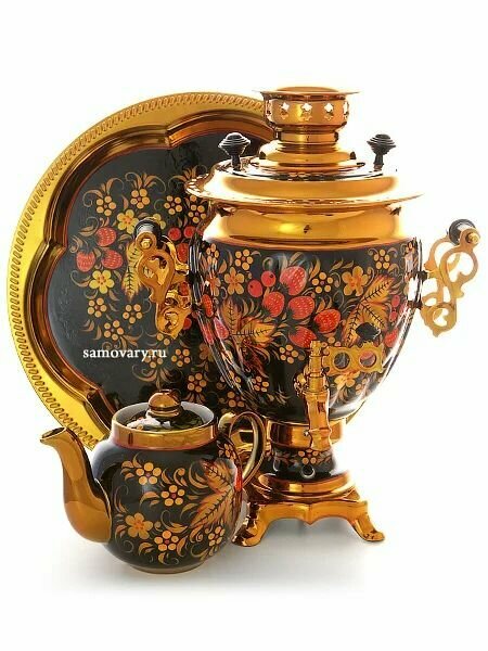 Набор самовар электрический 3 литра с художественной росписью "Хохлома Рыжая" с автоматическим отключением при закипании