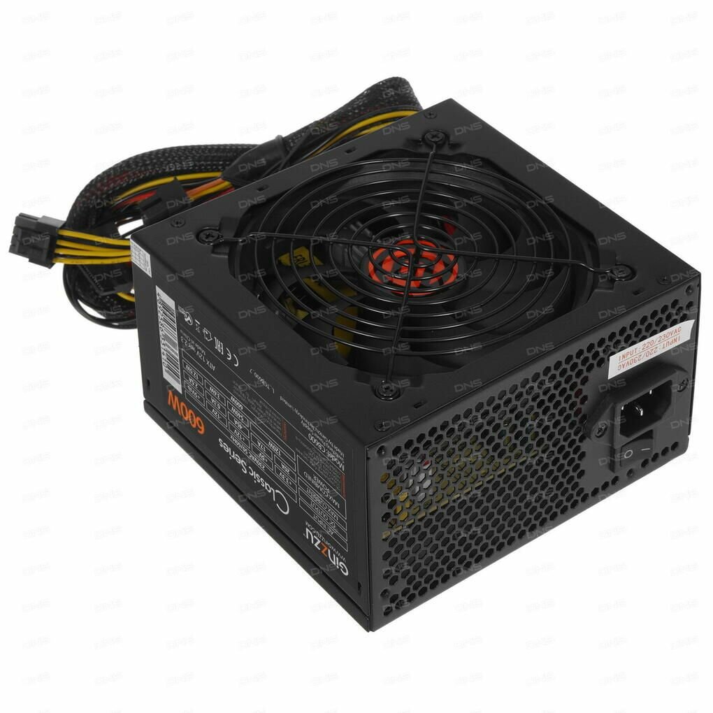 Блок питания GiNZZU CB600 (17129) черный - 600 Вт, EPS12V, APFC, 20 + 4 pin, 4 pin CPU, 4 SATA, 6+2 pin x2 PCI-E
