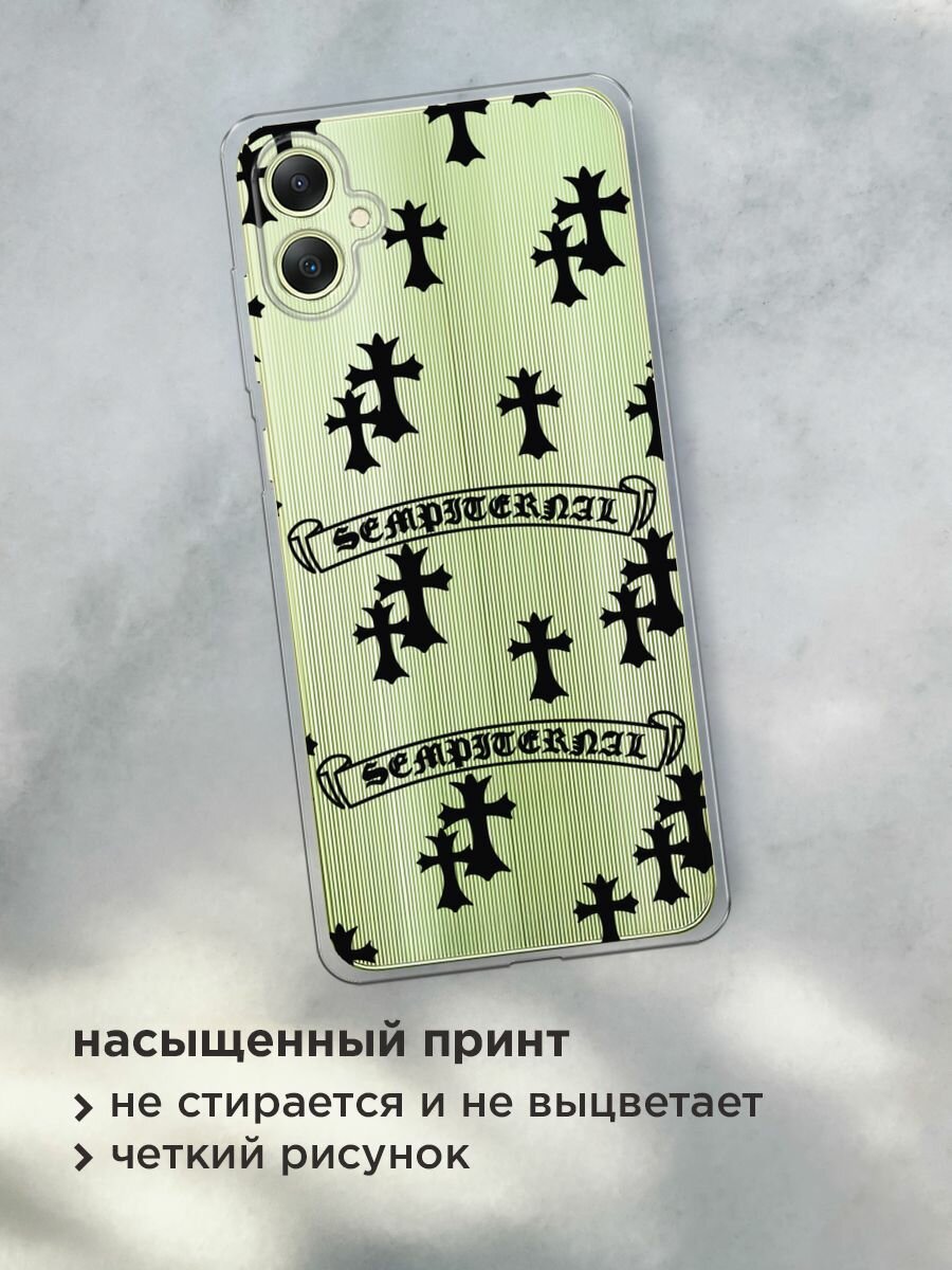 Чехол на Samsung Galaxy A06 / Самсунг Галакси А06 с принтом "Кресты паттерн чёрный", прозрачный — фото 1
