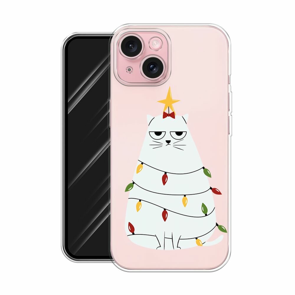 Чехол на Apple iPhone 15 / Айфон 15 с принтом Котик в гирлянде, прозрачный — фото 1