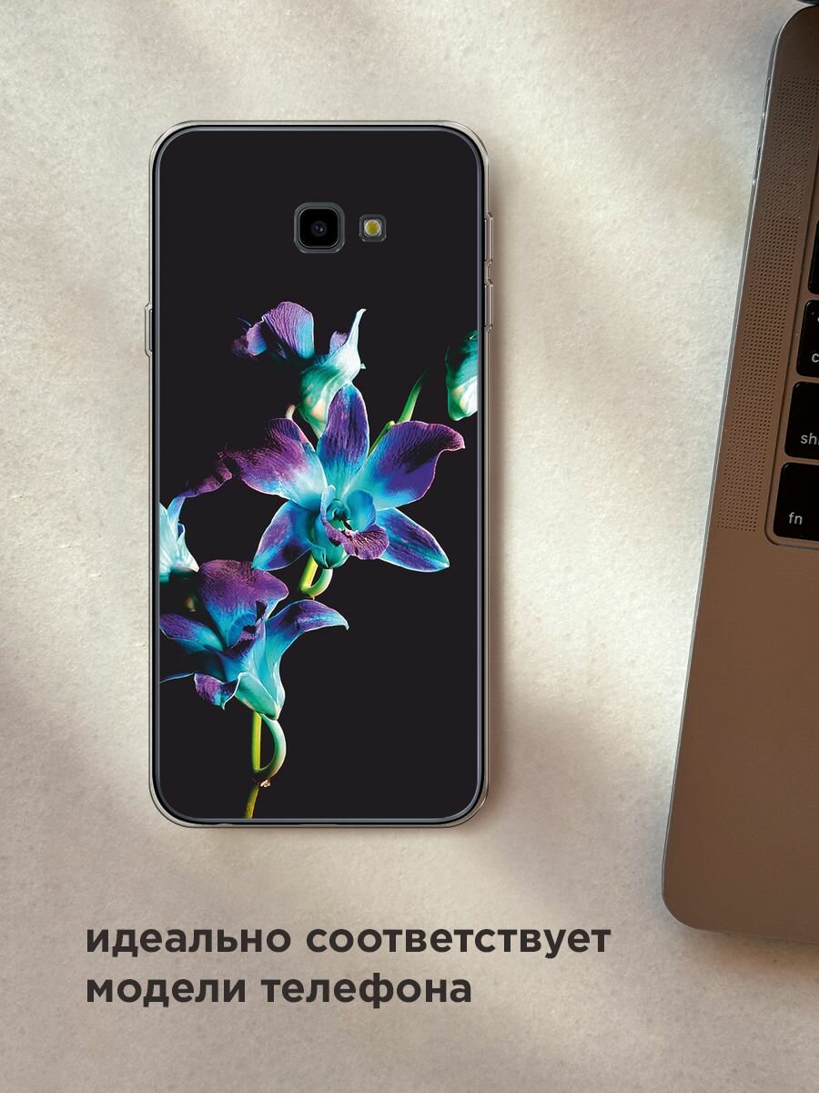 Чехол на Samsung Galaxy J4 Plus 2018 / Самсунг J4 Plus 2018 с принтом "Синий цветок на черном" — фото 1