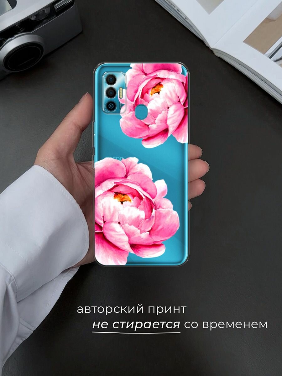 Чехол на Tecno Spark 7 / Техно Спарк 7 с принтом "Open peonies", прозрачный — фото 1