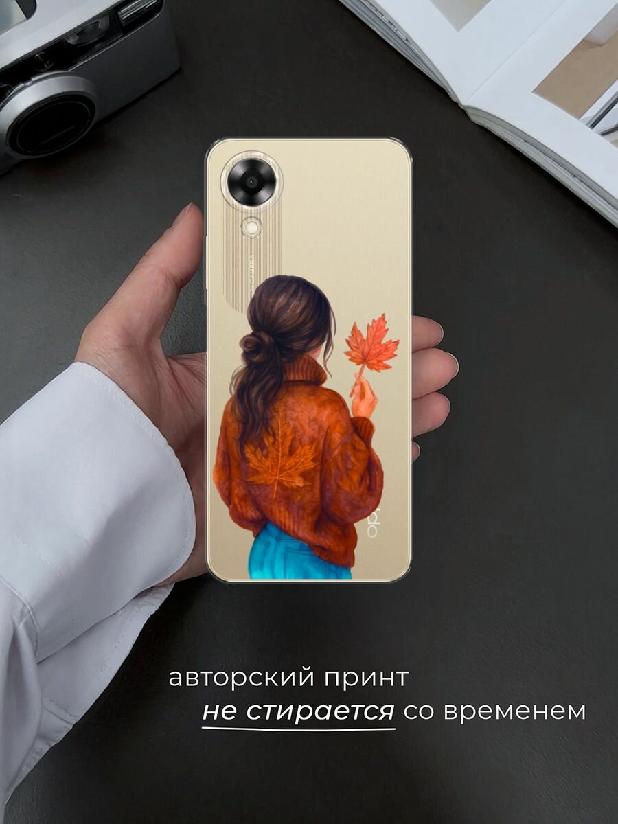 Чехол на Oppo A17K / Оппо A17K с принтом "Девушка с опавшим листом", прозрачный — фото 1