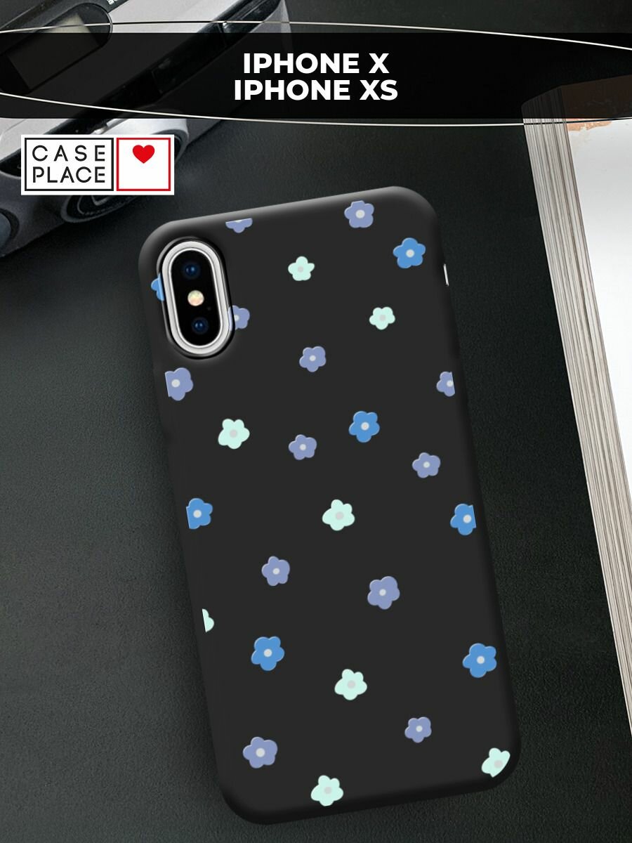 Чехол на Apple iPhone X/XS / Айфон 10/Айфон XS с принтом "Паттерн с синими цветочками 2"