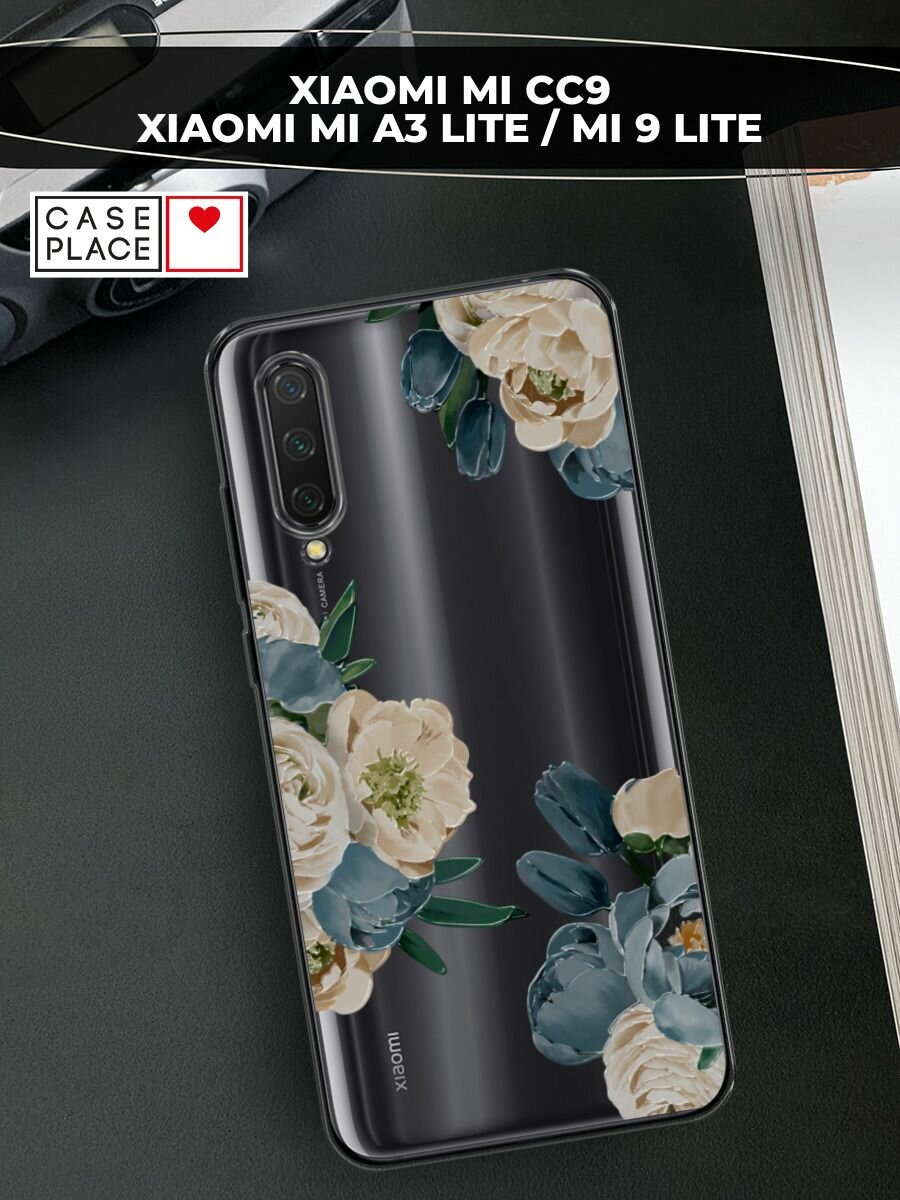 Чехол на Xiaomi Mi CC9/A3 Lite/9 Lite / Сяоми Mi CC9/A3 Lite/9 Lite с принтом "Бежевые и голубые бутоны"