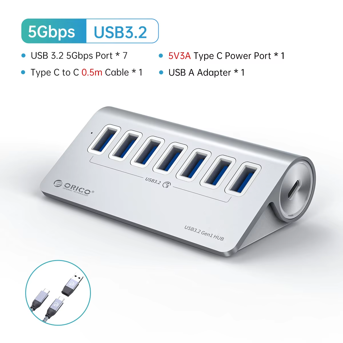 ORICO USB 3.2 Type C HUB с адаптером питания, 8 портов, поддержка 5Gbps, PD 18W, кардридер, для MacBook Pro, PC, компьютеров, материал алюминиевый сплав, Windows, Mac OS, Linux, Thunderbolt 4