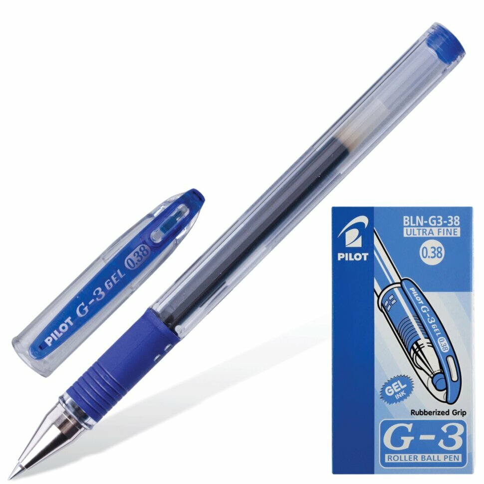 Ручка гелевая PILOT "G-3", корпус прозрачный, узел 0,38 мм, линия 0,2 мм, резиновый упор, синяя, BLN-G3-38 L, 141460