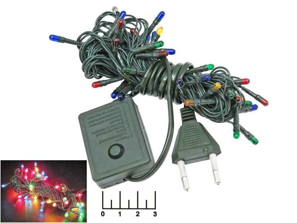 Гирлянда 50 ламп цветная 5м с контроллером (зеленая нить) (55056)