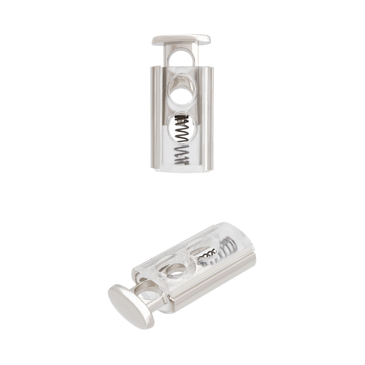 Фиксаторы для шнурков металлические с прозрачной вставкой, два отверстия 4 мм, 12х27 мм, цвет никель, 10 штук