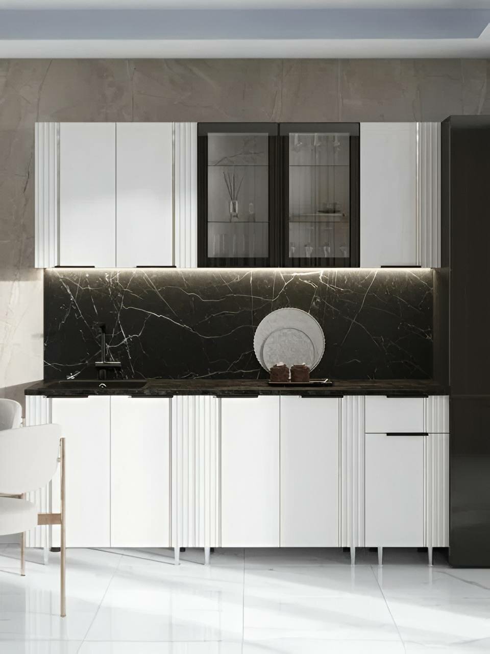 Кухонный гарнитур Виктория 2м пластер бьянко/корпус белый со столешницей миф