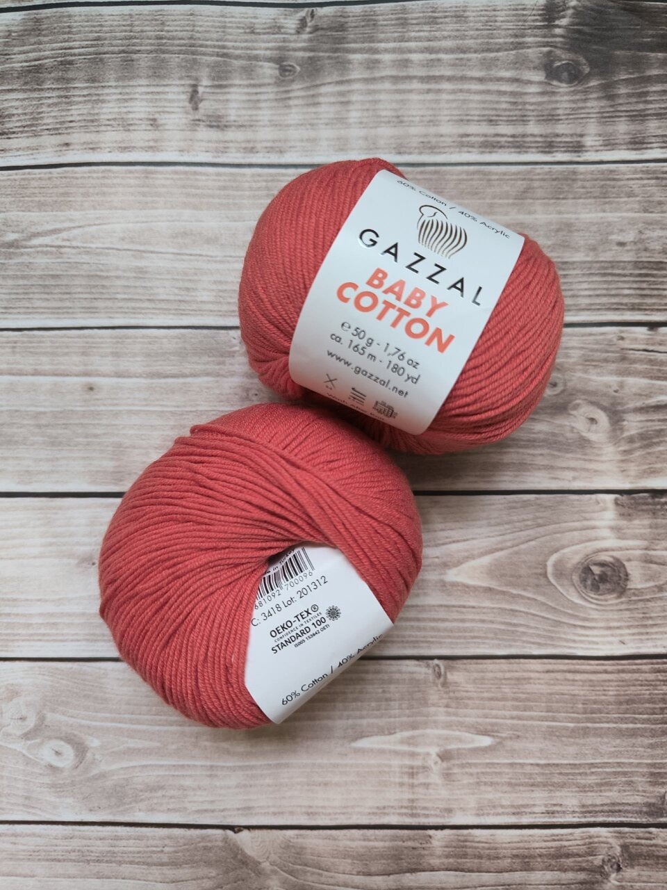 Пряжа Gazzal baby cotton, цвет 3418 коралловый, набор 2 мотка, вес мотка 50 гр, длина нити 165 м (Газзал беби катон)