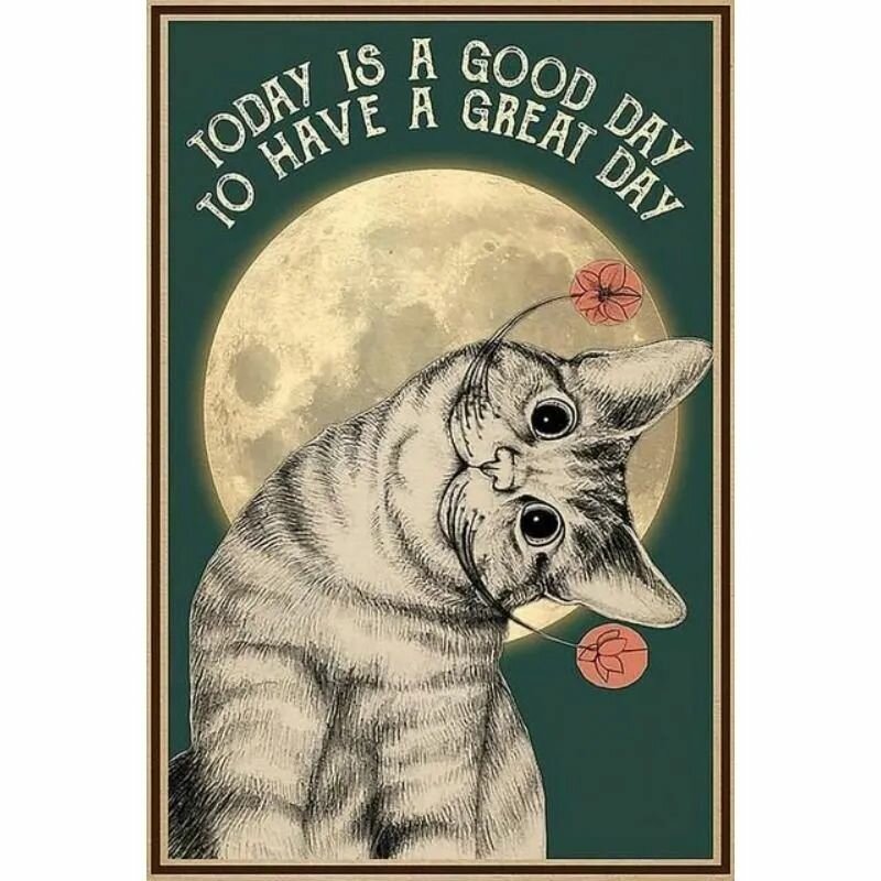 Табличка полосатый кот с луной "Today Is A Good Day To Have A Great Day", ретро стиль, металл, декор для интерьера, 20х30 см.