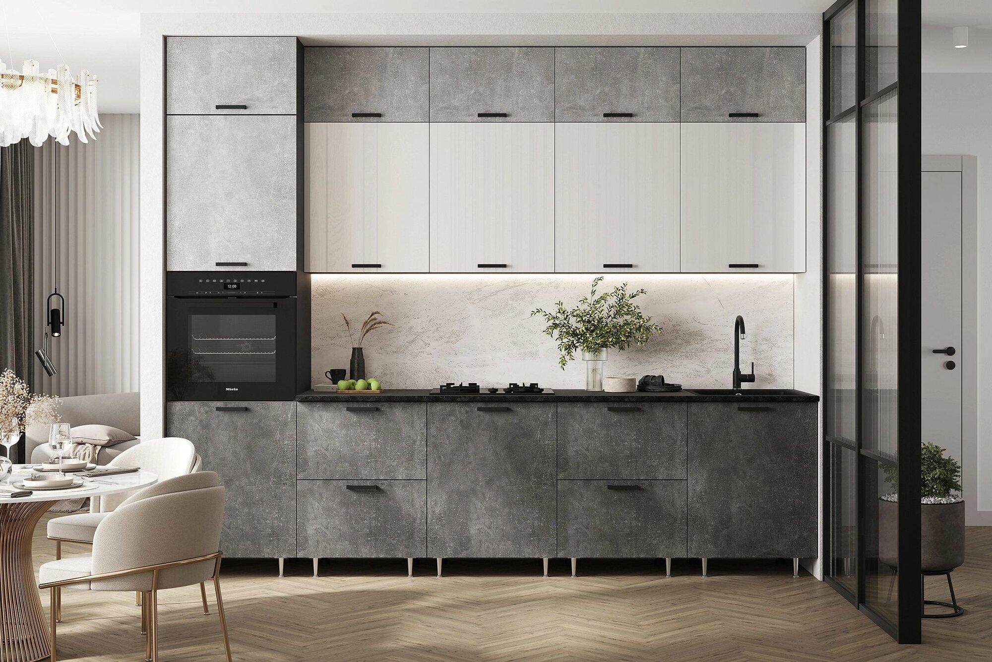 Кухня Рио NEW 3,0/1080м (490) Комп №3 (Бетон светлый/Бетон темный/Белый глянец, Графит (Кастилло темный))