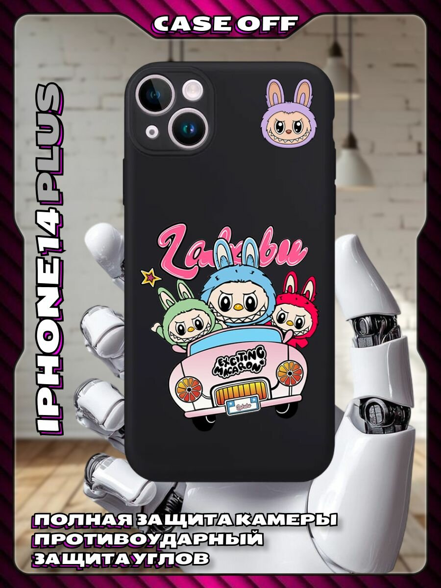 Чехол ZiART (Labubu 1 / Лабубу 1) на iPhone 14 Plus силиконовый, с защитой камеры, черный