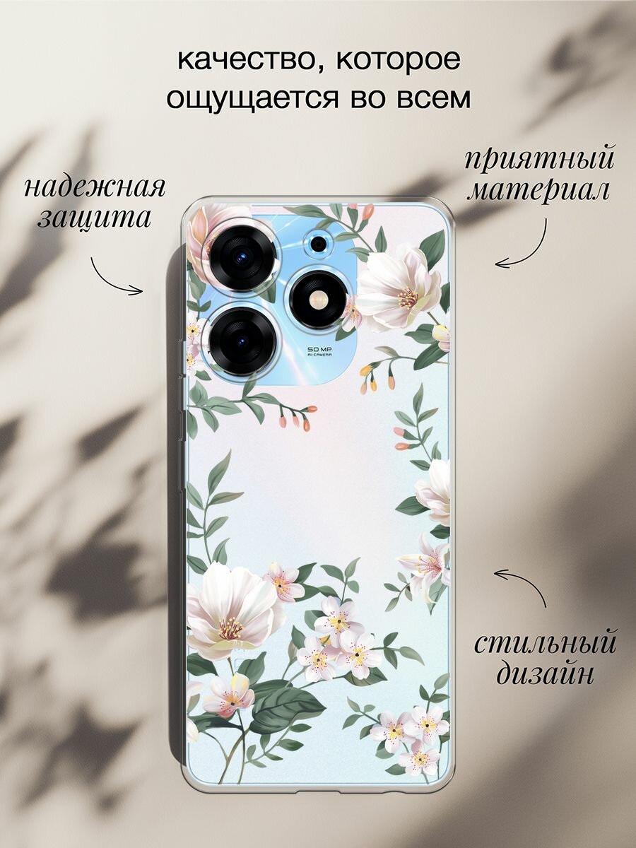 Чехол на Tecno Spark 10 Pro / Текно Спарк 10 Про с принтом "Beautiful white flowers", прозрачный — фото 1