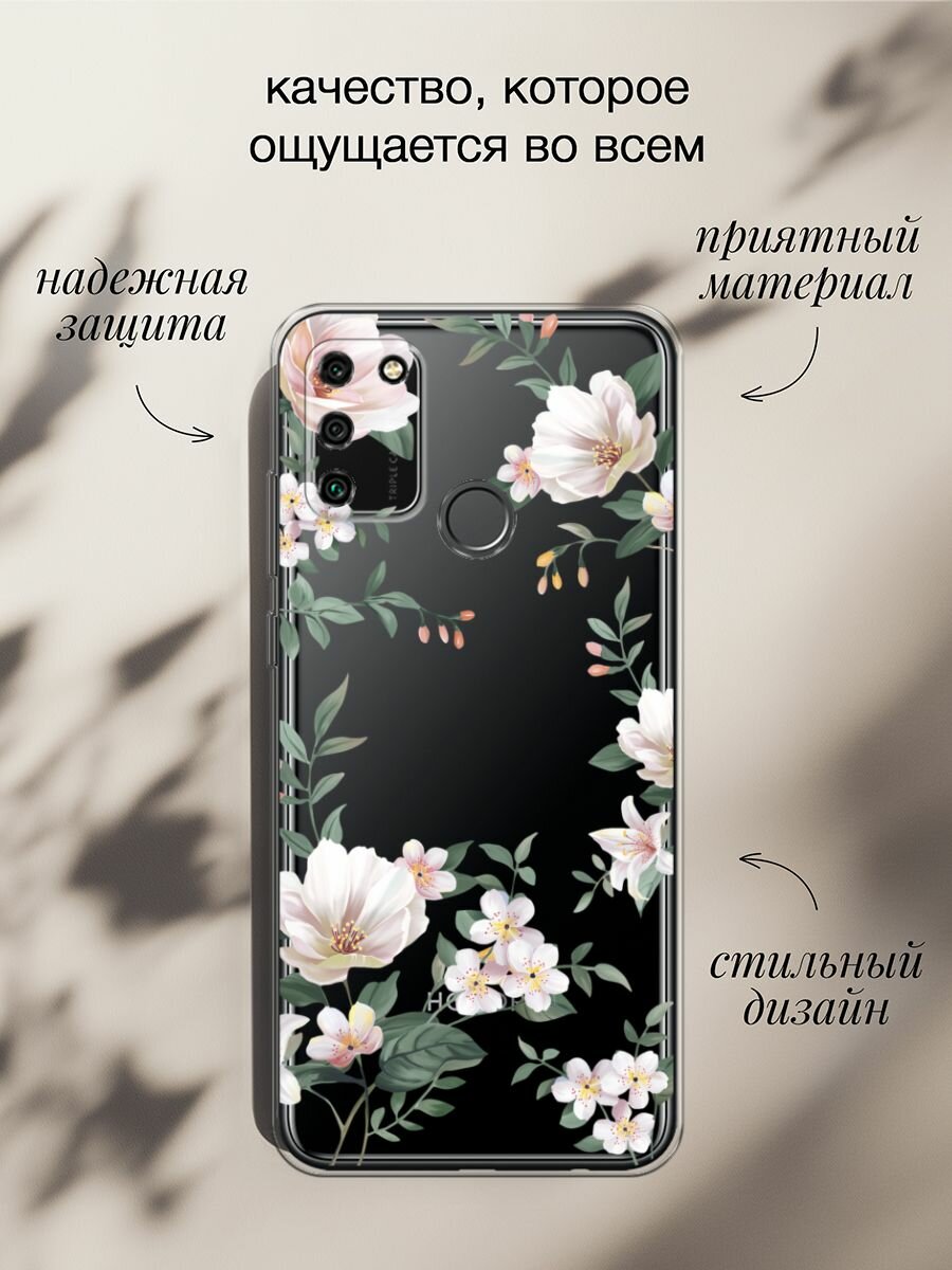 Чехол на Honor 9A / Хонор 9А с принтом "Beautiful white flowers", прозрачный — фото 1