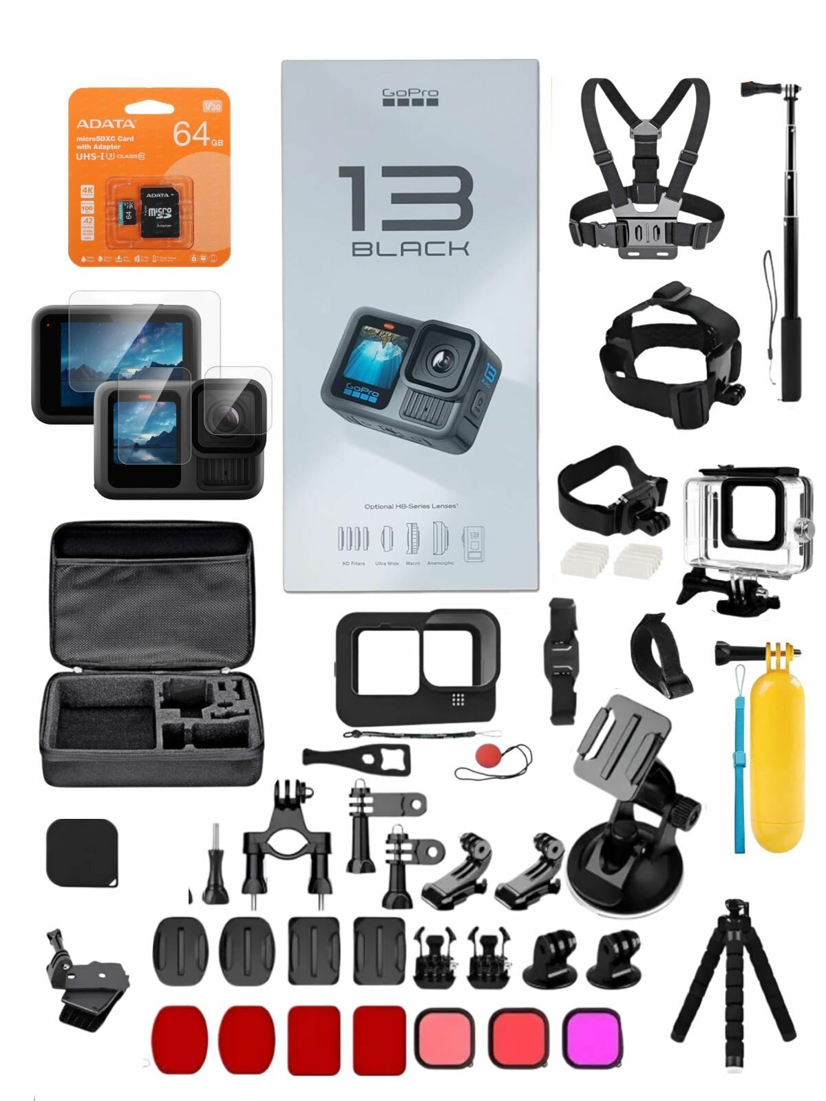 Экшн-камера 4K GoPro 13 Hero Black + набор аксессуаров для экшн-камер 54 предмета + карта памяти Adata 64 Gb (CHDHX-131-RW)