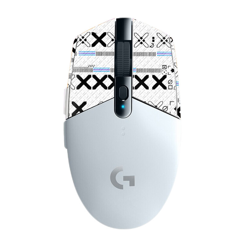 Мышь Logitech G304, белая с белым принтом, антискользящие наклейки, полное покрытие