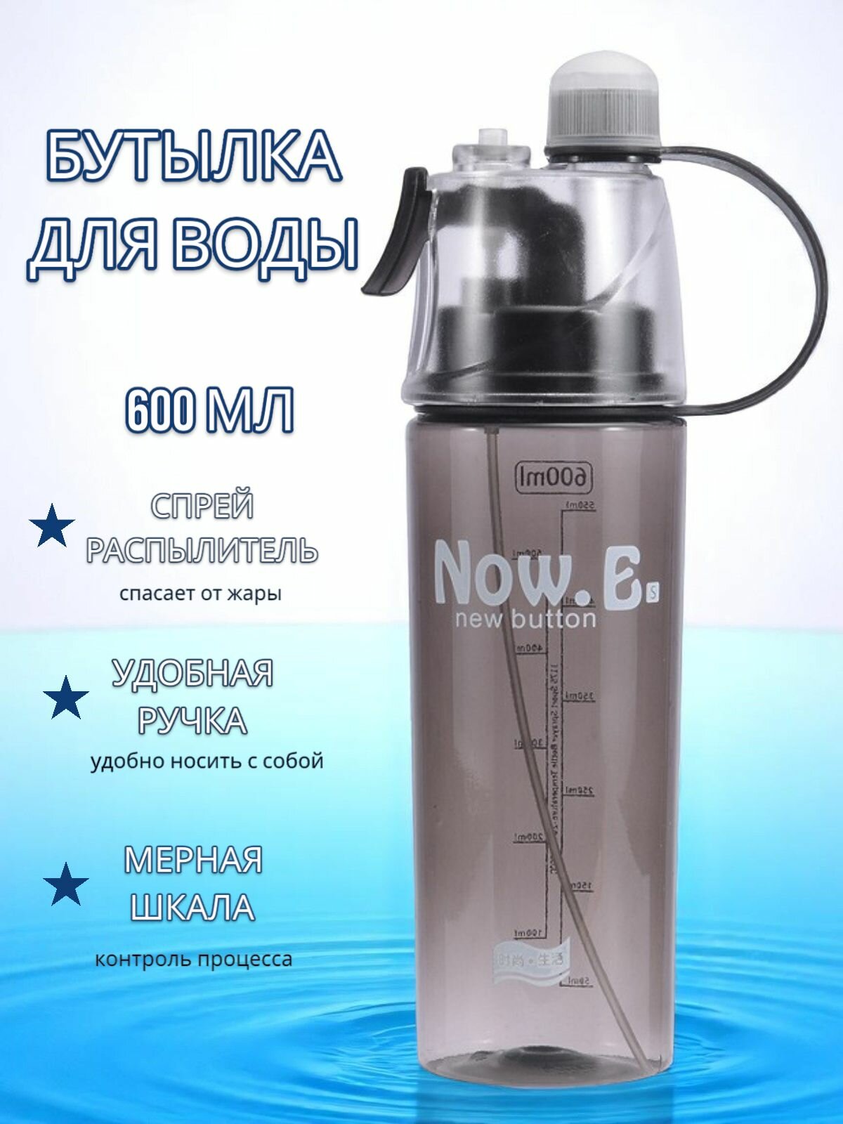 Спортивная спрей бутылка для воды с разбрызгивателем "New Balans", черная 600 мл