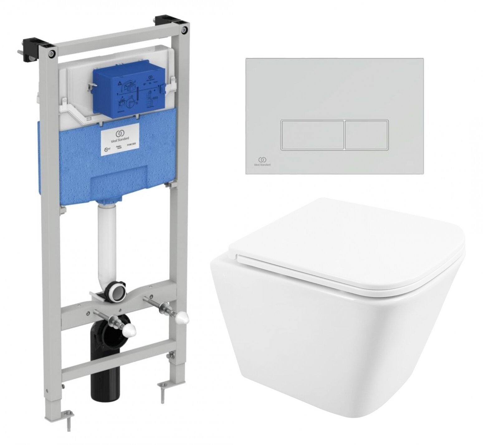 Комплект 3 в 1 инсталляция Ideal Standard + Унитаз подвесной BelBagno Due BB3103CHR/SC + кнопка хром