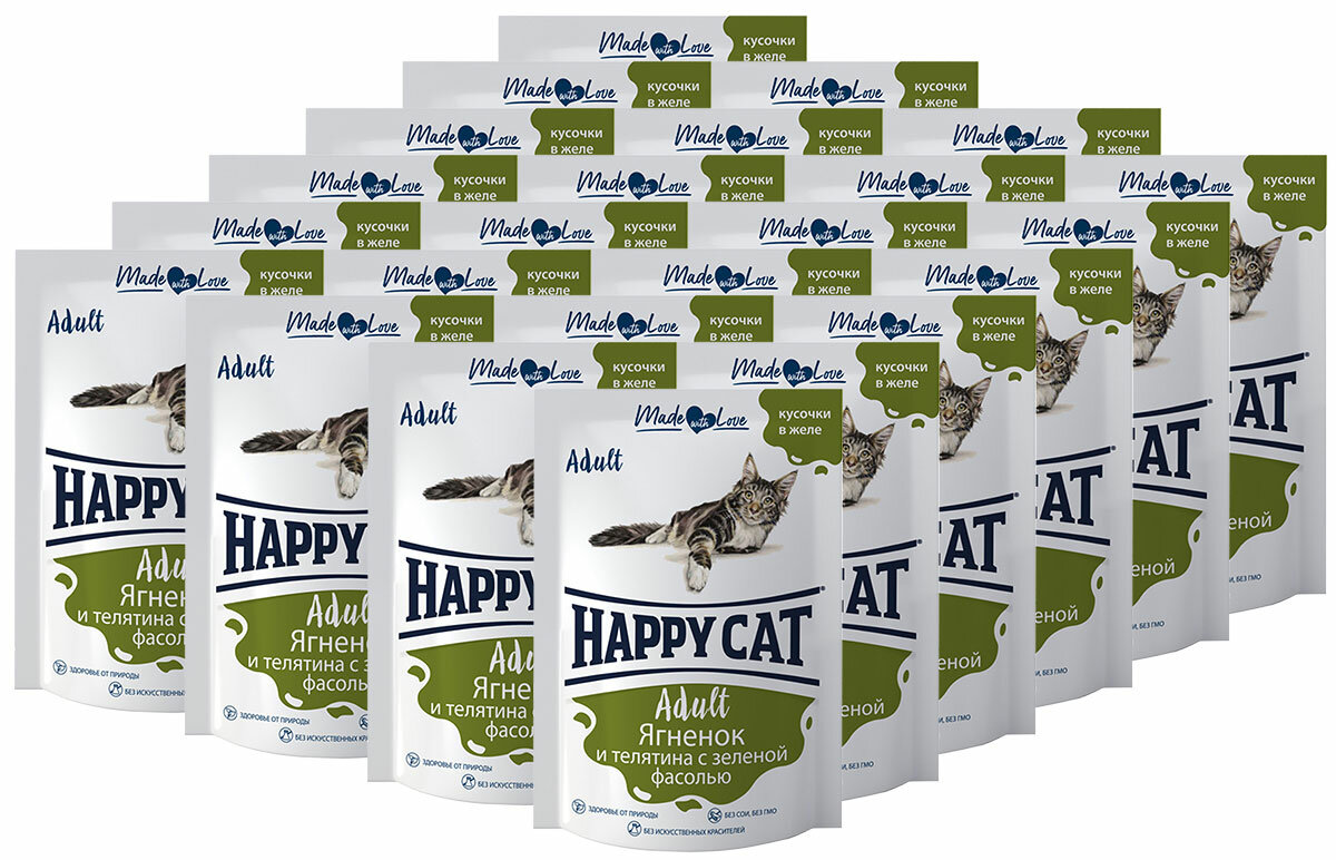 Корм влажный Happy Cat для взрослых кошек, ягненок телятина и зеленая фасоль в желе, 85 г х 24 шт