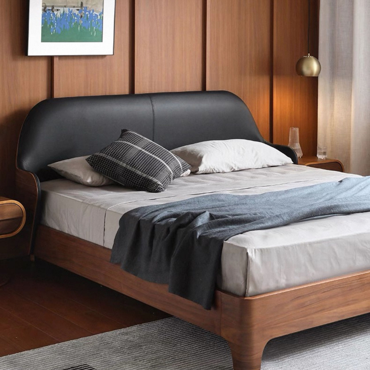 Интерьерная деревянная кровать с высоким закругленным изголовьем Mortier (180см / искусственная кожа /черный)