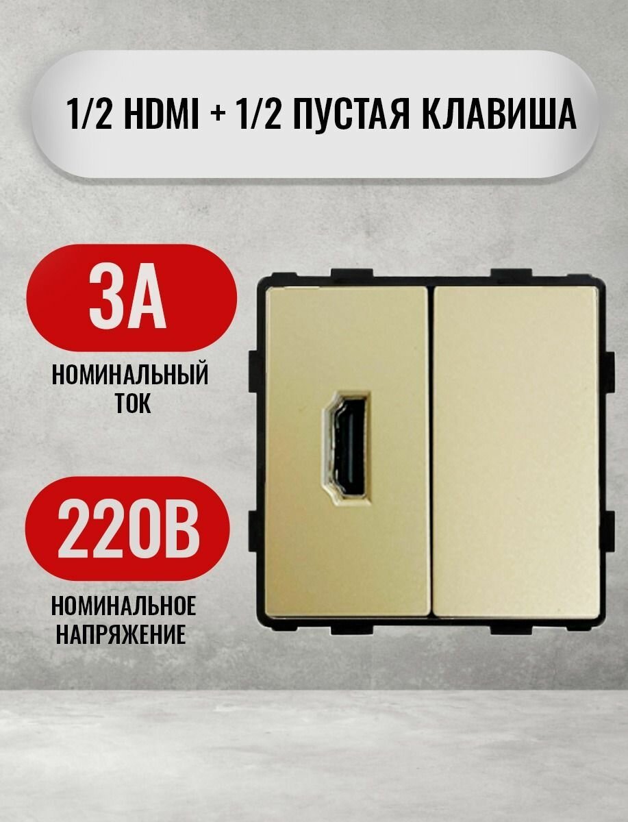 Розетка HDMI KLUST "Basic", с клавишей, ABC-пластик, скрытый монтаж, IP21, золотистая