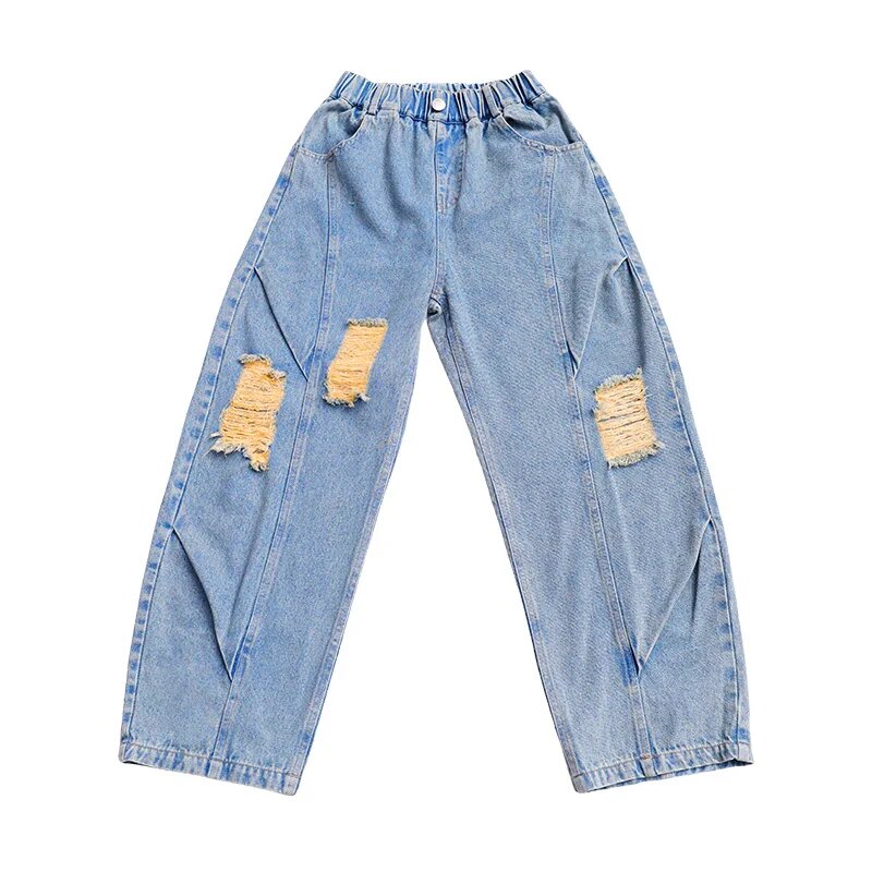LI Mall Новые осенние изорванные джинсы для девочек свободные разорванные синие брюки 5-14 лет