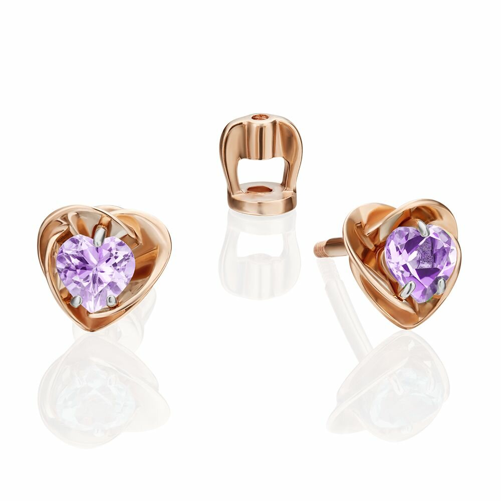 Серьги пусеты, красное золото, 585 проба, аметист