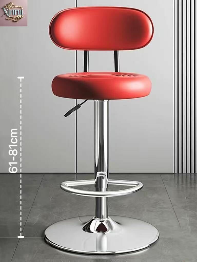 Красный круглый вращающийся барный стул с серебряными ножками