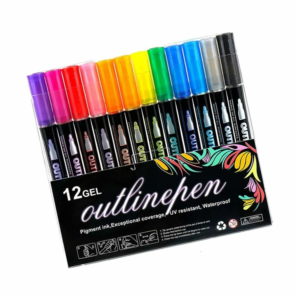 Двухлинейные блестящие маркеры, 12 Цветов