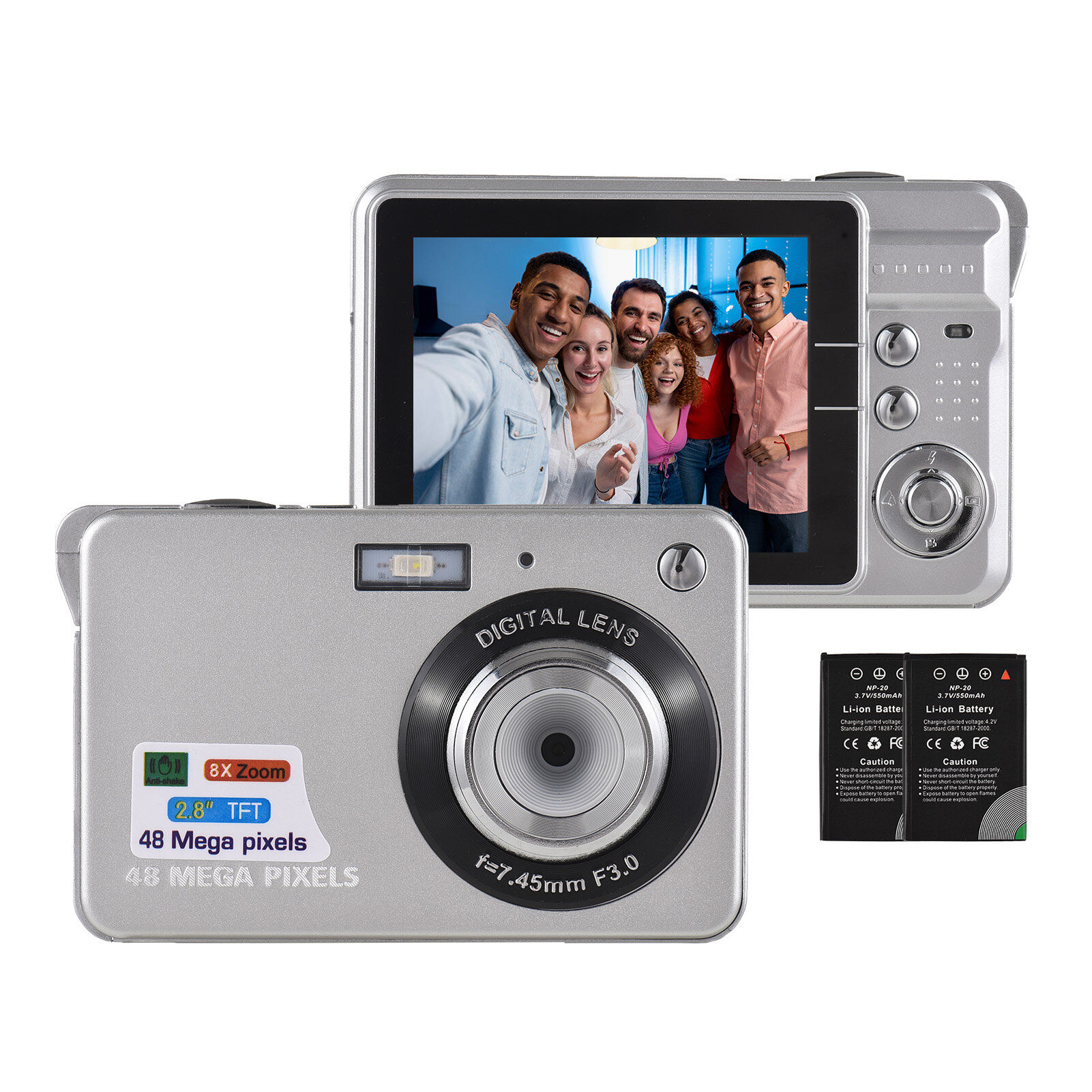 4K Цифровая камера видеокамера камкордер 48MP экран 2.8 дюйма TFT автофокус 16X цифровой зум антидрожжение распознавание лиц захват улыбки встроенный фонарик с 2 батарейками черный серебристый красный подарок для детей на праздники Рождество