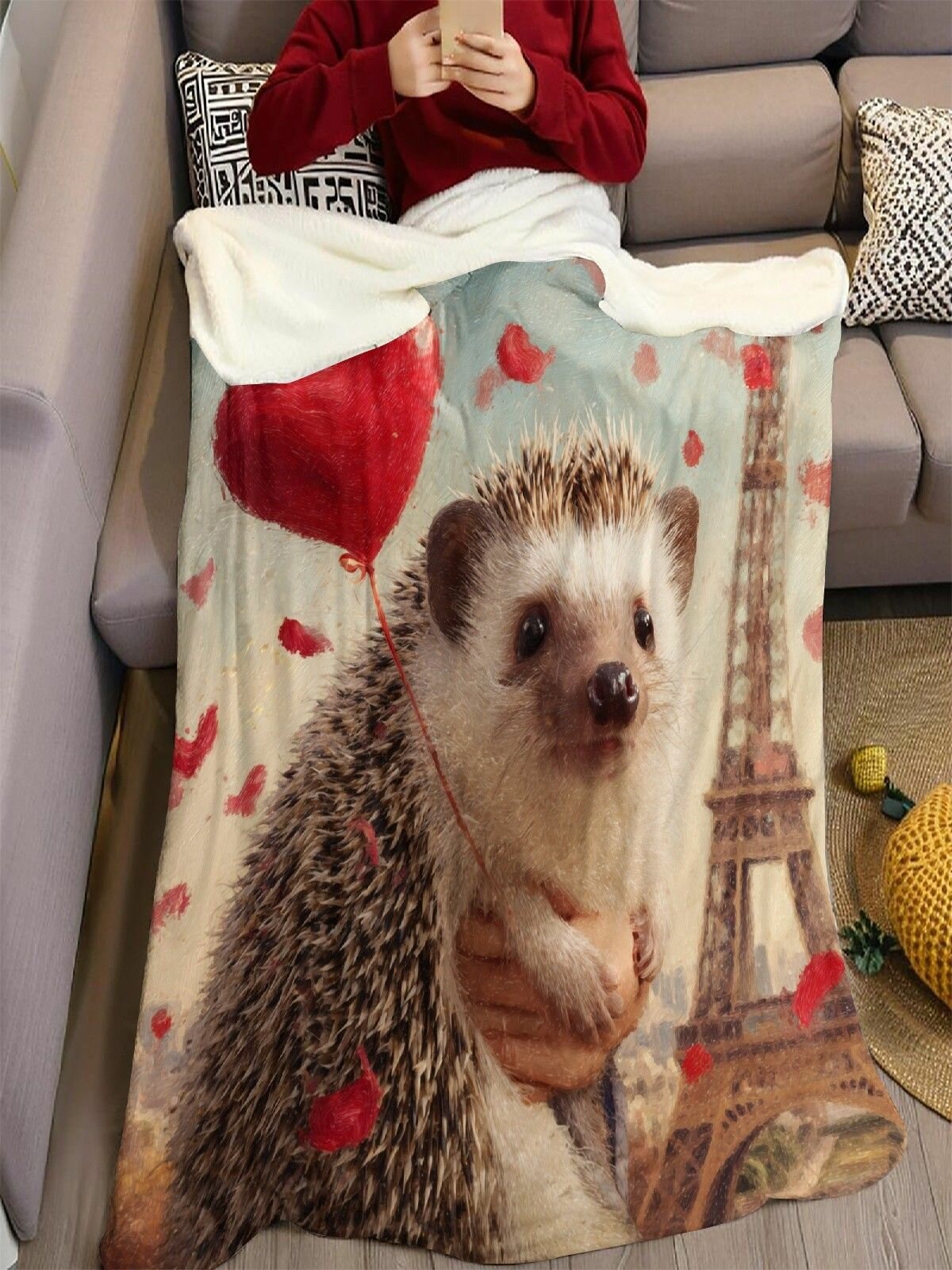 Плед фланелевый 240 x 220 cm с Милый любящий ёжик мягкое тёплое одеяло для дивана, кровати и детской комнаты