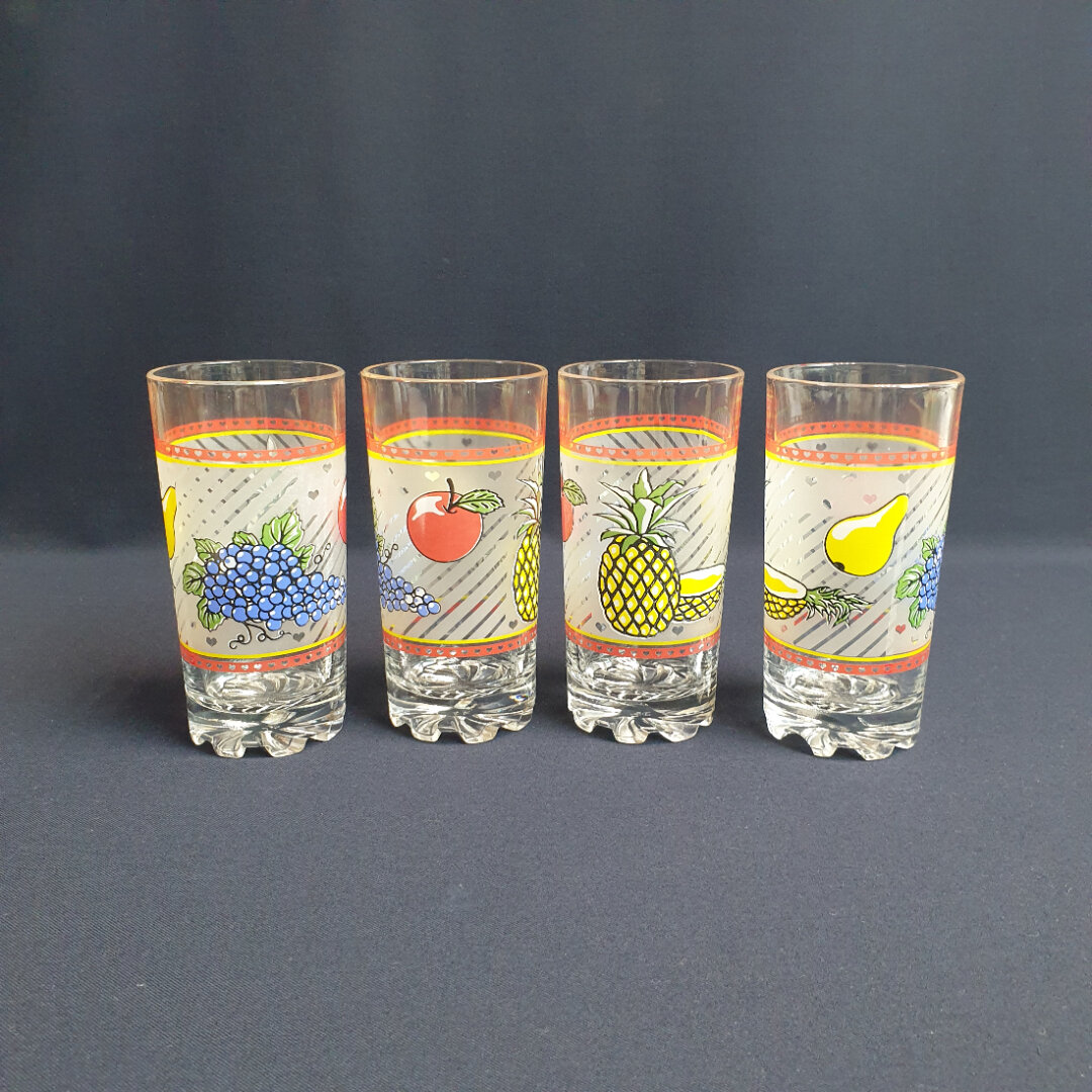Набор из 4 стаканов, стекло деколь 300 мл, высота 14 см, винтаж СССР