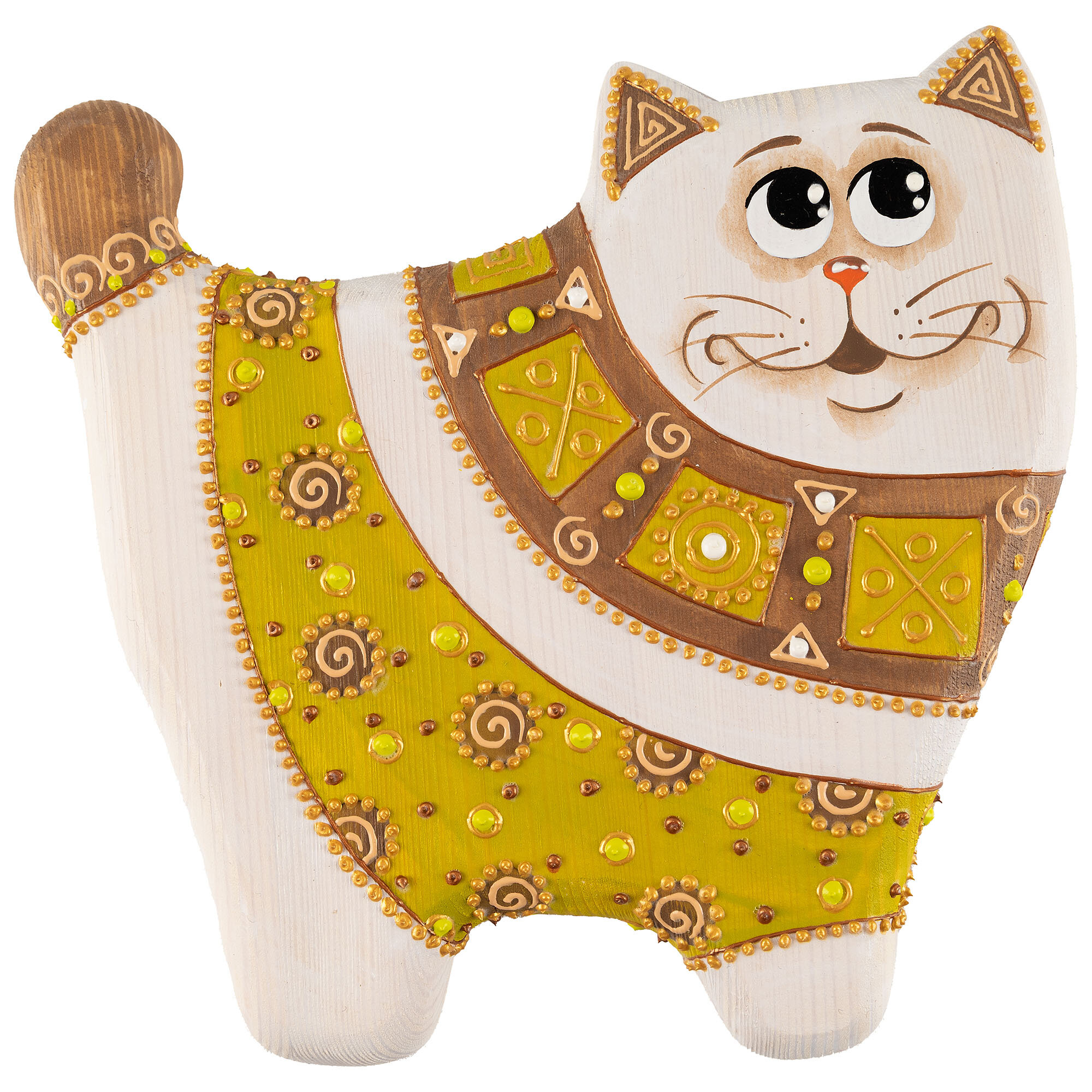 Подвеска деревянная ручной работы Кот Барсик зелено-желтый узор (692403)