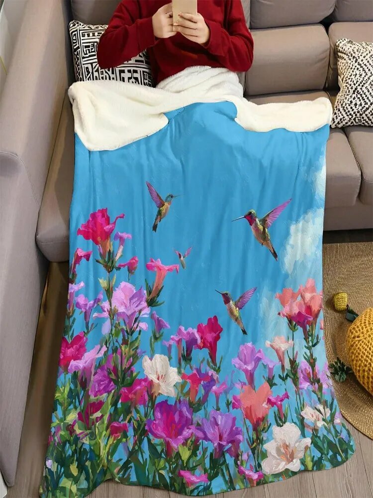 Плед Цветы и колибри 3D-принтом мягкое покрывало для дивана , Фланель, 240 см х 220 см