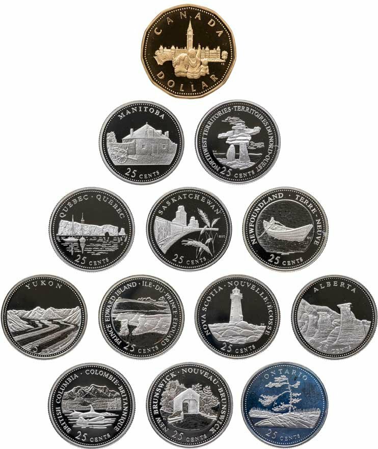 Канада 1992 набор из 13-ти монет "125 лет Конфедерации Канада" в футляре с сертификатом, Серебро 925, в сохранности Proof