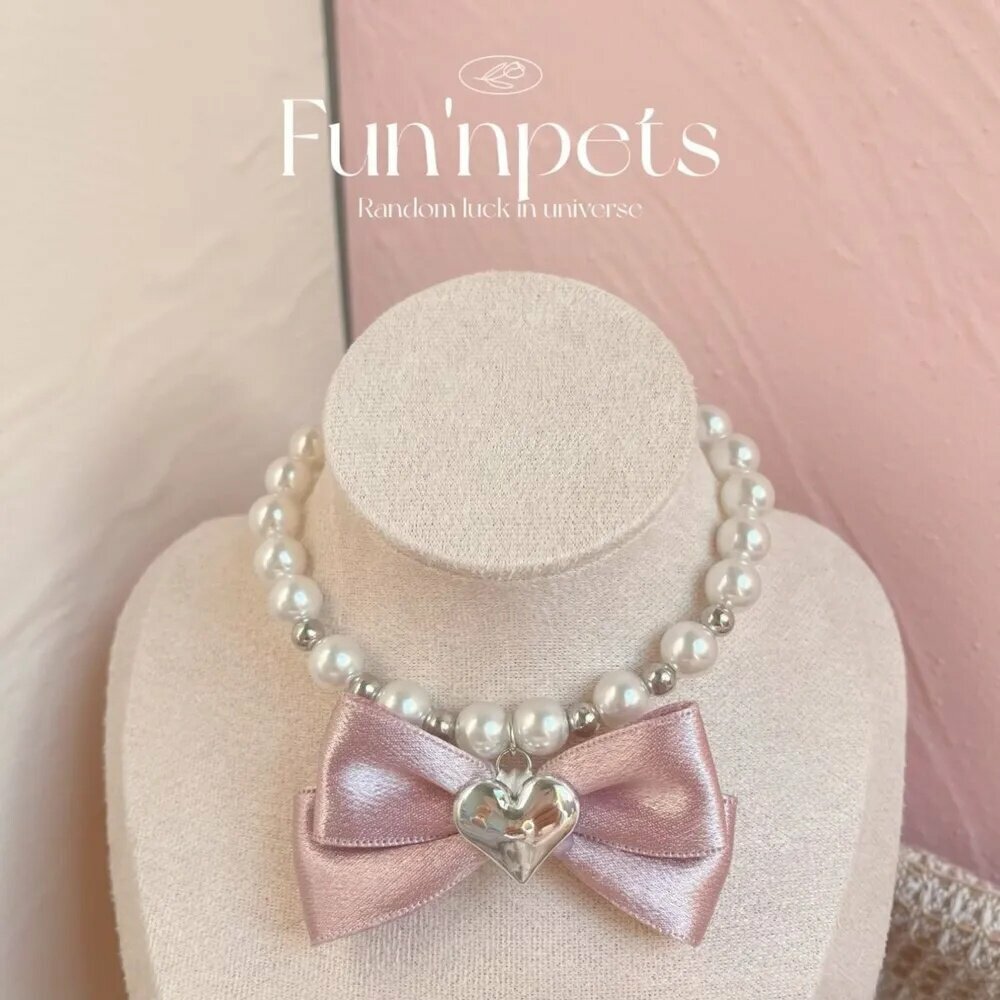 Декоративный ошейник-ожерелье для кошек и щенков, с розовым бантом, жемчугом, кулон в форме сердца-S