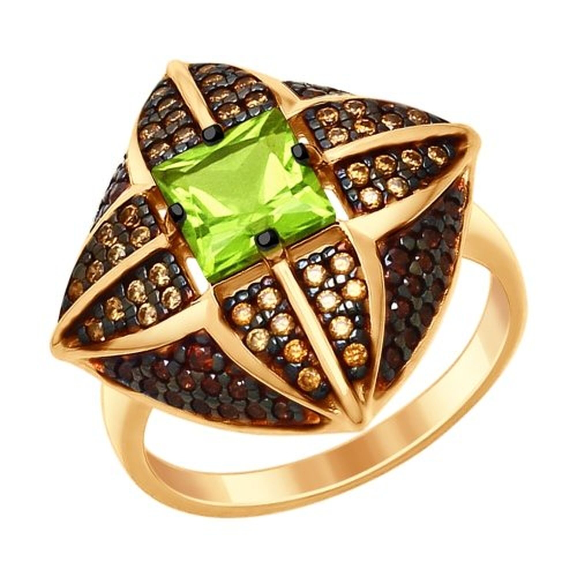 Кольцо, серебро, 925 проба, золочение, хризолит, фианит