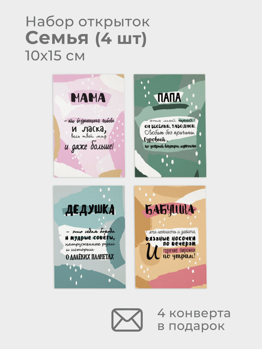 Открытки на день рождения "Семья": мама, папа, дедушка, бабушка (набор 4 шт, с конвертами)