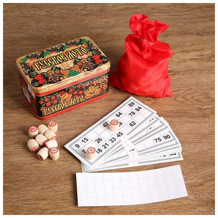 Русское лото, 24 карточки, карточка 22 х 8 см, бочонок 2.3 х 1.5 см, жестяная упаковка
