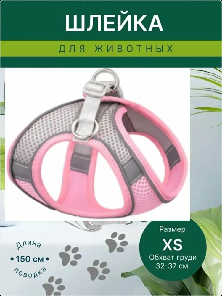 Размер: XS , Шлейка для котят, кошек и собак мелких пород, обхват груди 32-37, дышащая со светоотражающими элементами, с поводком, Цвет розовый