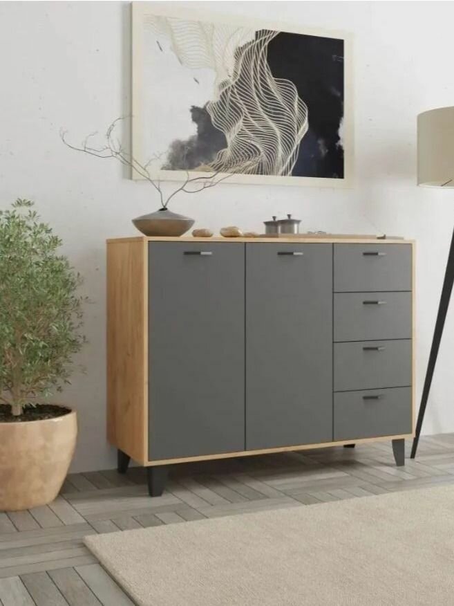Комод с 4 ящиками и распашными дверьми, дуб крафт золотой, графит серый, 1 шт.