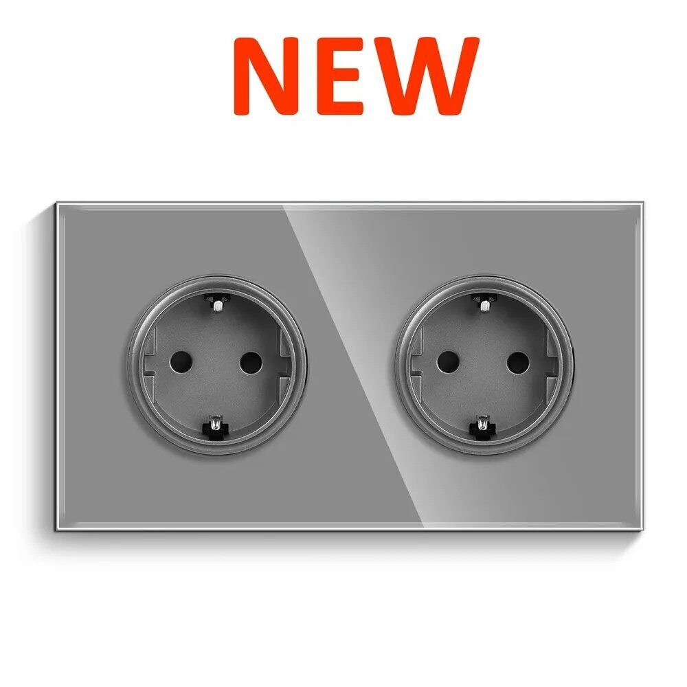 Розетка двойная с заземлением, розетка белое двойная,250В 16А рамка из серый