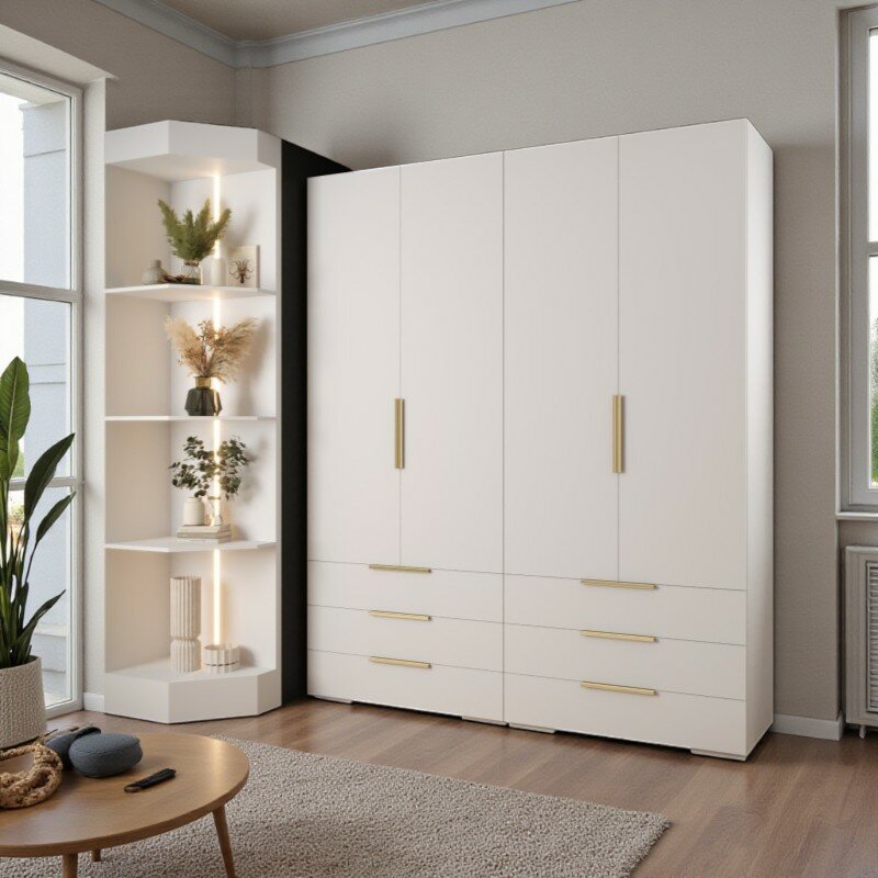 Распашной четырехсекционный шкаф Мори - 9 (с 6 ящиками) Белый Снег 8685 BS NEW 210*60*260 см Фиеста