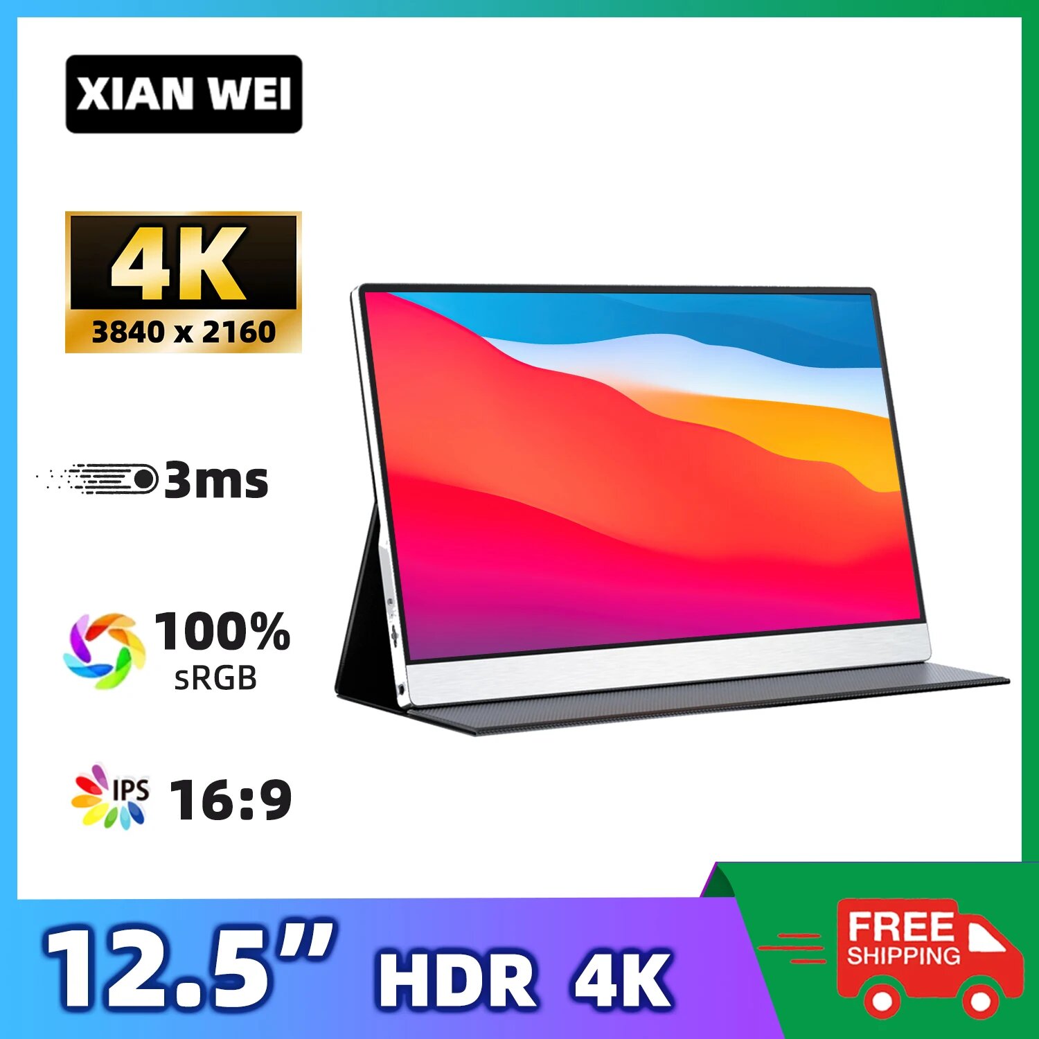 Портативный Монитор XIANWEI 12.5' 4K IPS 3840x2160 USB-C 3.1 Для Ноутбуков, Телефонов, Raspberry Pi, PS4, Xbox