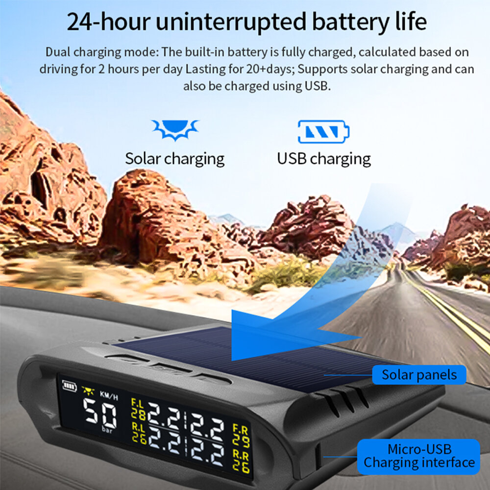 Солнечный беспроводной HUD с TPMS, GPS-спид: ск/вы/вр/темп/давл шин, ЖК-экран, 4 датч, сигн для авто/фургонов/внед