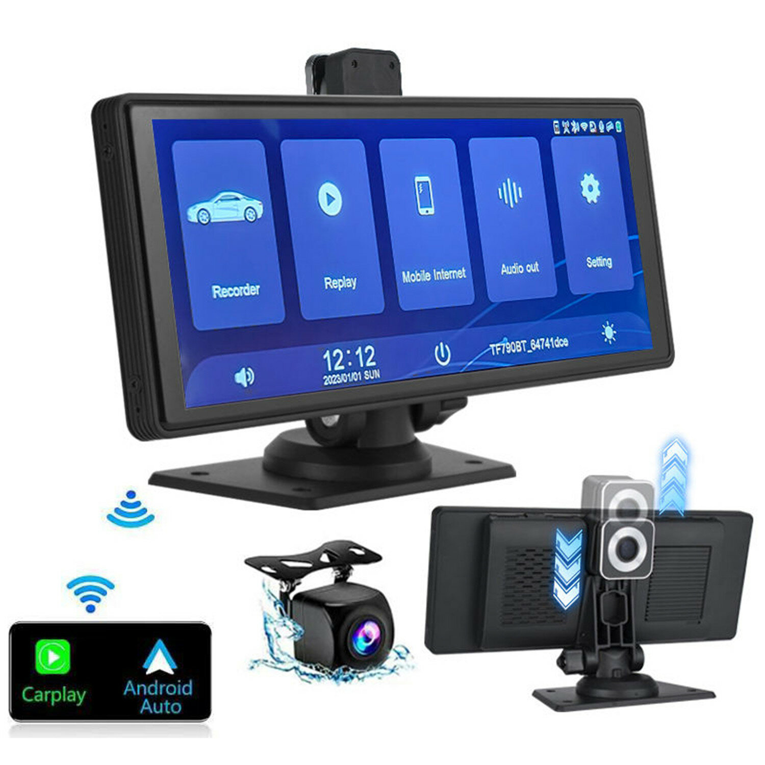 9.3" 4K (интерполяция) Даш-Камера Задняя Камера WiFi Carplay & Android Auto Беспроводная GPS Навигация Дашборд DVR AI Голос Делённый Экран AUX