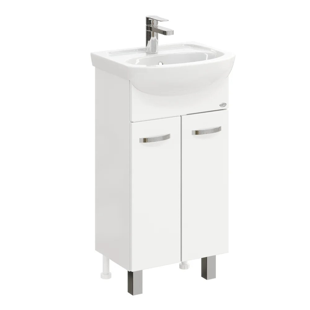 Тумба с раковиной Onika Коралл 47.10 напольная, 45 см, белая, глянцевая, из МДФ, с дверками, раковина для ванной фарфоровая, полукруглая, встроенный слив-перелив